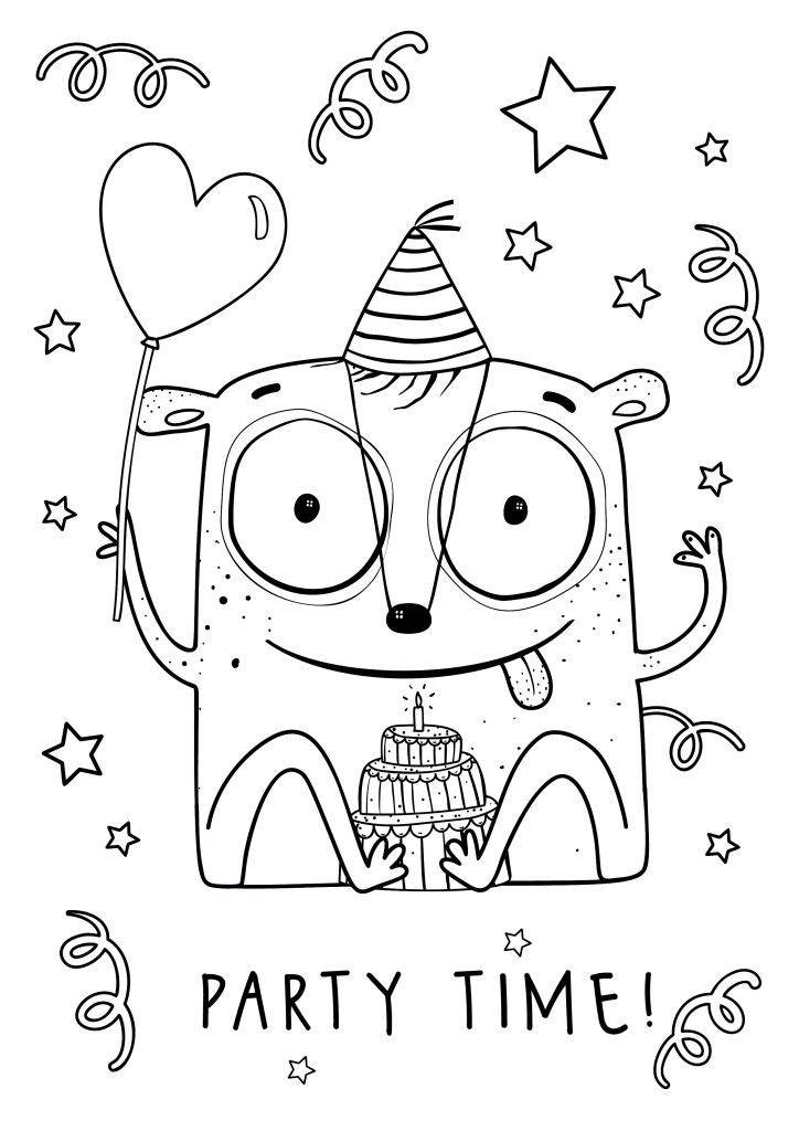 Birthday Party Time Monster Colouring Sheet - Colouring Crafts