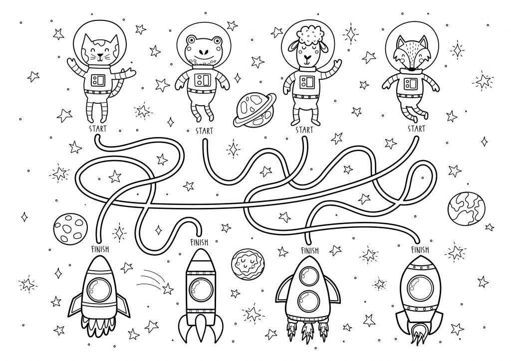 Rocket Space Animals Maze Puzzle Sheet - Colouring Crafts