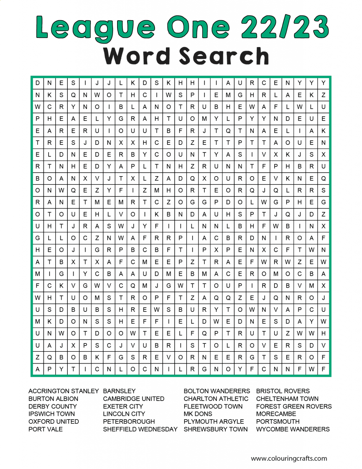 Premier League Teams 22/23 Word Search - Colouring Crafts