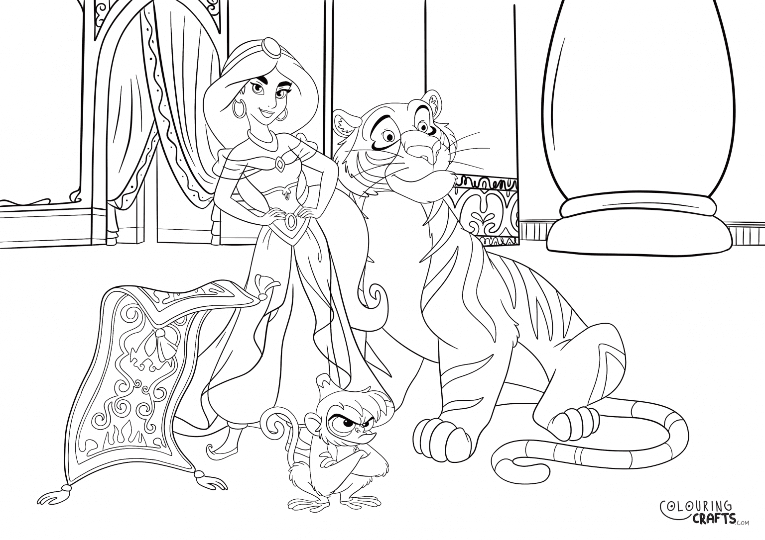 Princess Jasmine, Flying Carpet, Abu And Rajah Colouring Page ...